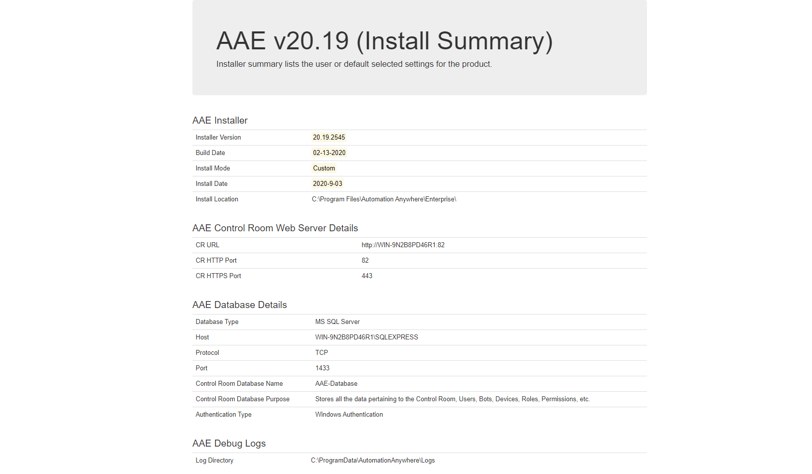 Automation Anywhere A2019 Installation Process for Windows Server